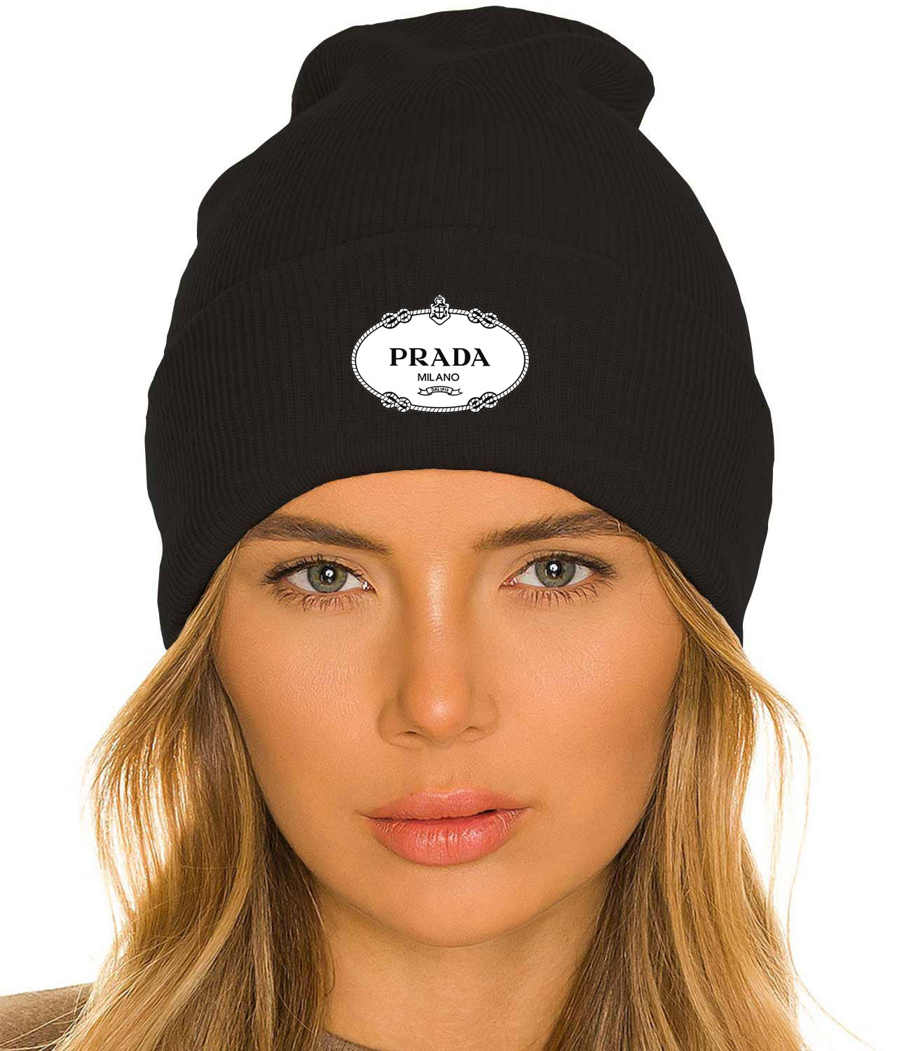 Prada Emblem Logo Emblem Customized Design on 12″ Cuffed Beanie Hat ...